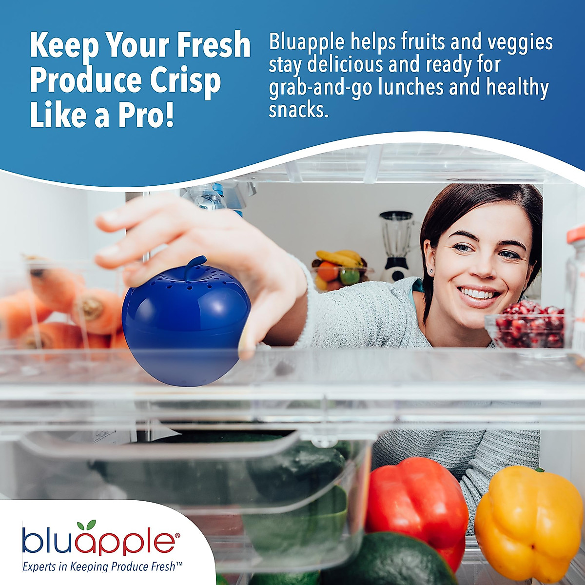Bluapple Produce Saver Combo Pack - Keeps Fruits & Veggies Fresh in Refrigerator Crisper/Shelves, Lasts up to 3 Months, 8 Packets and 2 Bluapples for 1 Year, BPA Free Ethylene Gas Absorber, USA Made
