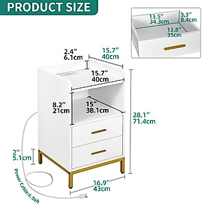 YITAHOME LED Nightstand with Charging Station, Modern Bedside Table with 2 Drawers for Bedroom, End Table with USB Ports and Outlets, Night Stand with Open Storage, Set of 2, White