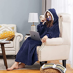 Somikia Upgraded Wearable Blanket Hoodie with Zipper,Oversized Giant Hooded Blanket with Pocket Sleeves Flannel Sherpa Soft Warm Cozy Fluffy Blanket for Teens Women Men Blue Long