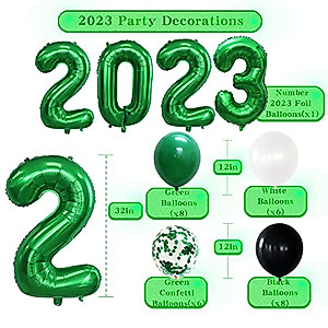 MEIWUTIE Graduation Party Decorations 2023 Green and Black, New Year Eve Party Supplies Green and Black Flower Pom Poms Latex Fiol Balloons 2023 Banner for Graduation Decorations Birthday Anniversary