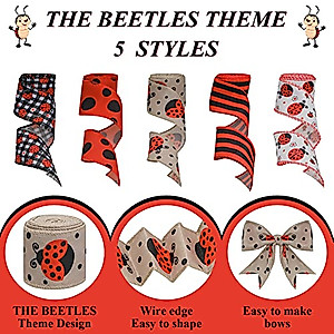 5 Rolls 2.5 Inch x 30Yards Ladybugs Canvas Ribbons Lady Bug Wire Edged Wrapping Ribbon Red Polka Dot Wired Edge Ribbon Grosgrain Red Dot Craft Ribbon for Crafting Wrapping Party Decoration