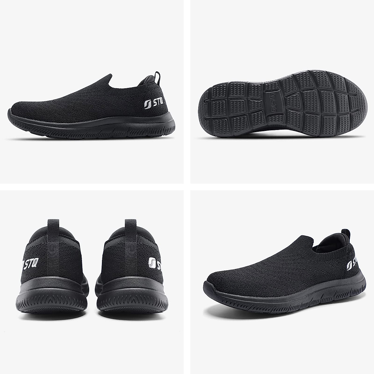 STQ Slip on Walking Shoes for Women Comfortable Nurse Work Shoes Memory Foam Sneakers with Arch Support All Black US 8.5