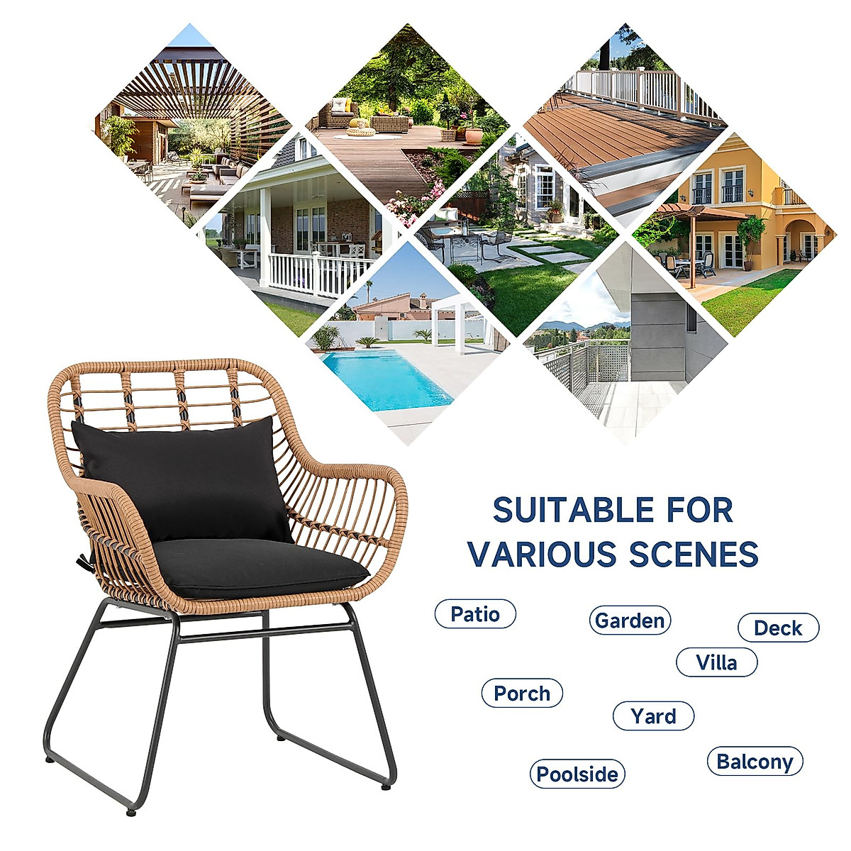 Verano Garden Patio Dining Chair Set of 2, Outdoor Wicker Seating Set with Soft Cushions for Indoor & Outdoor Use, Modern Wicker Dining Chairs for Backyard