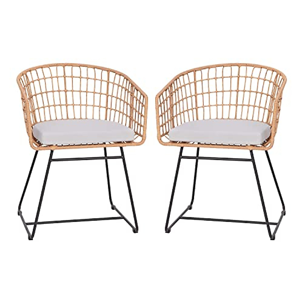 Flash Furniture Devon Set of 2 Indoor/Outdoor Patio Boho Club Chairs, Rope with PE Wicker Rattan, Cushions and Sled Base, Natural/Light Gray