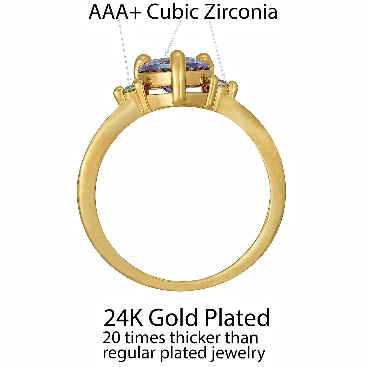 LIFETIME JEWELRY 3-Stone Cubic Zirconia Heart Ring for Women 24k Real Gold Plated (Purple, 7)