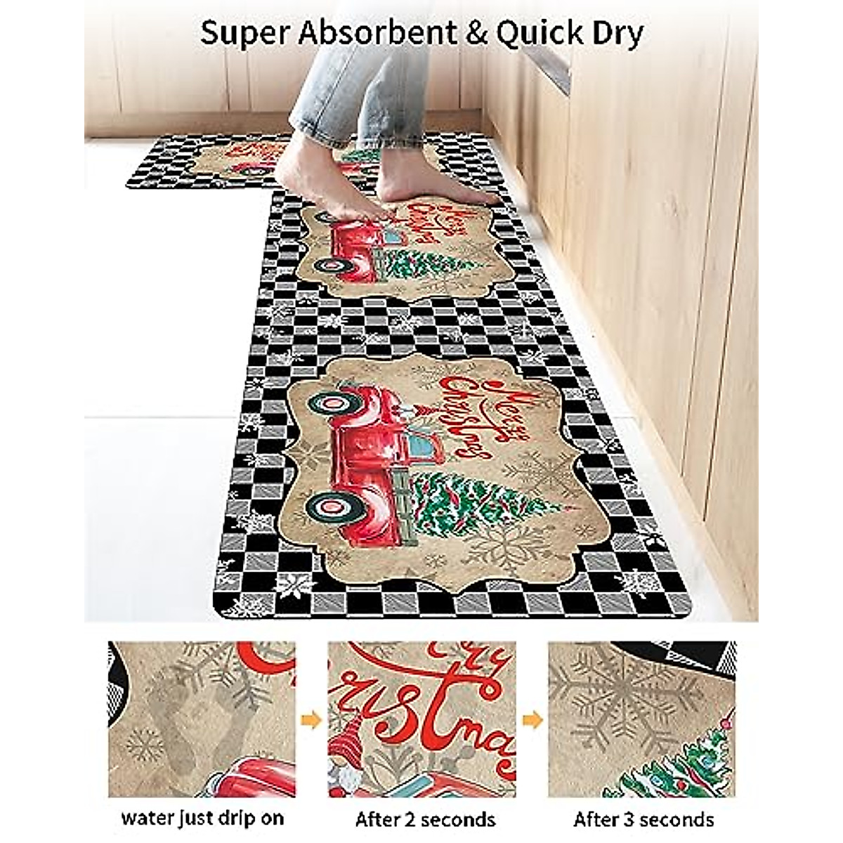 Christmas Bath Mat for Tub,Non Slip Bathroom Floor Runner Rug Quick Dry & Absorbent Diatomaceous Earth Shower Sink Bedroom Kitchen Washable Doormat,Red Truck Snow Tree Black Checkered 16x24+16x47