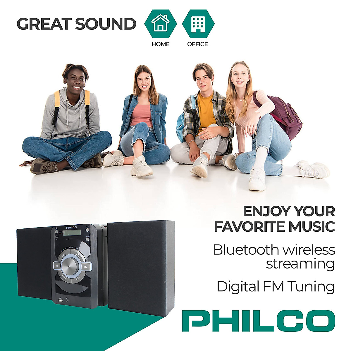 Philco Mini Stereo Shelf Systems CD Player with Digital FM Radio, Bluetooth Streaming, Remote Control in Black | LCD Display | 3.5mm Headphone Jack | MP3 & AUX Port Compatible | USB Playback