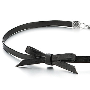 COOLSTEELANDBEYOND Ladies Black Leather Bow Choker Necklace Pendant