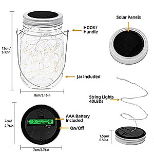 Mason Jar Solar Lights 40 LED, 6 Pack Fairy Hanging Solar Lights Outdoor with Jars and Hangers, Waterproof Decorative Solar Lanterns for Home Garden Patio Party Wedding Christmas, Warm White