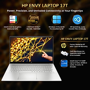 HP Envy 17T 2022 Laptop, i7-1260P 12th gen, 16GB RAM, 1 TB NVMe SSD, 17.3" FHD Touch, Thunderbolt 4, Win 11 PRO, WiFi 6E, B&O Audio, Intel Xe Graphics, Silver, 64GB Tech Warehouse Flashdrive