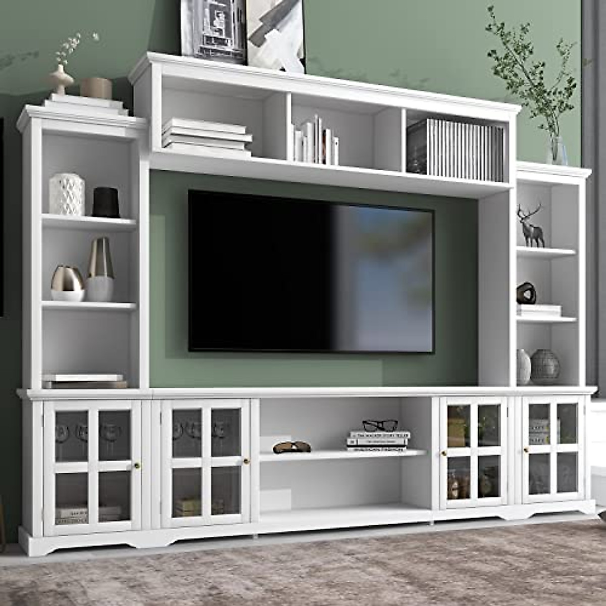 YISUYA Minimalism Style Entertainment Wall Unit with Bridge, TV Stand, Modern TV Console Table for TVs Up to 70”, Multifunctional TV Stand with Tempered Glass Door, Multifunctional TV Stand, White