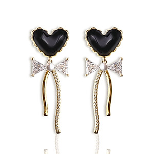 Sonateomber Black Heart Bow Drop Dangle Earrings for Women - Cute Trendy Sparkly Gold Cubic Zirconia chain Valentines Jewelry Gift