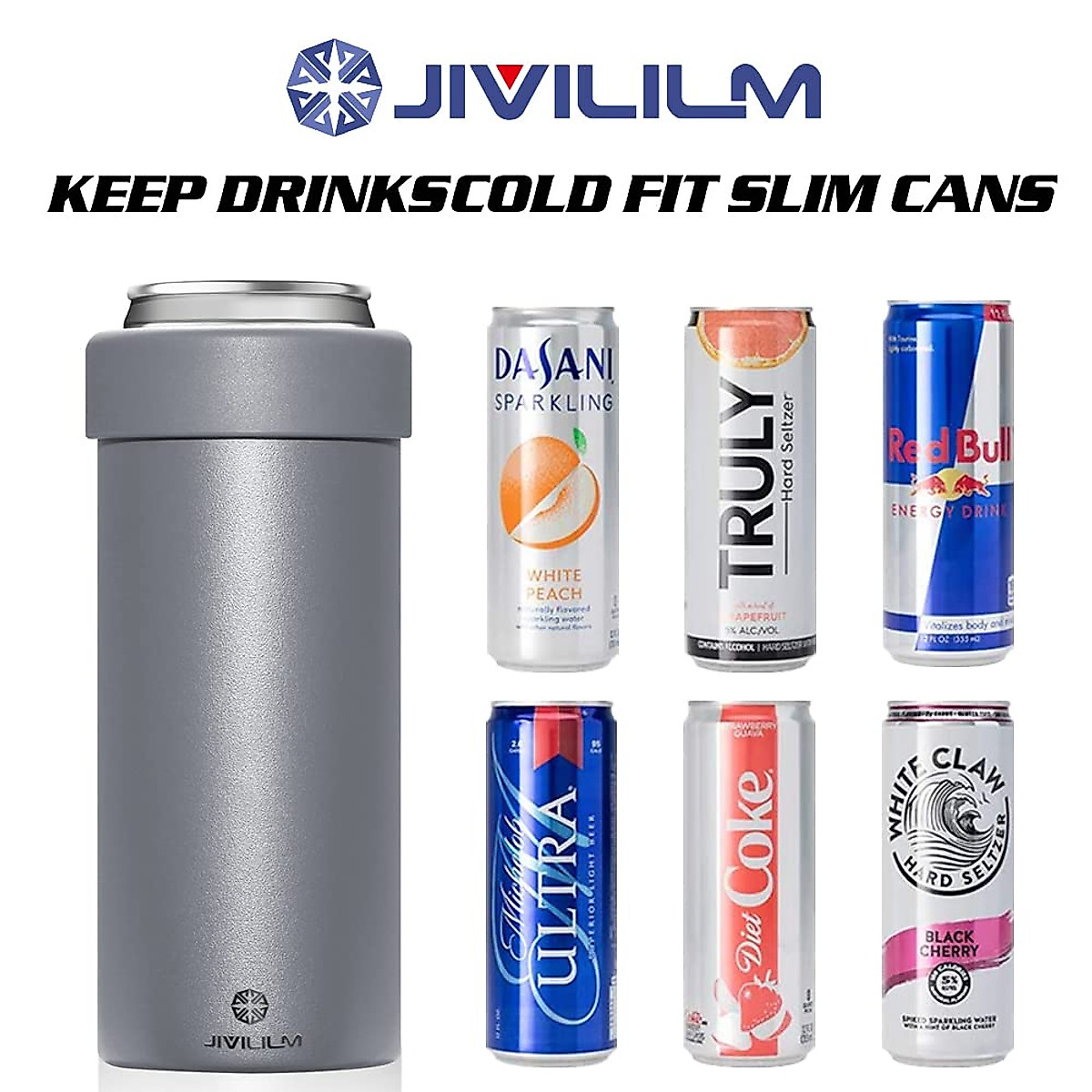 JIVILILM Stainless Steel Insulated Cooler for 12oz Slim Cans | Skinny Can Drinks Holder for Hard Seltzer, Beer, Soda, and Energy Drinks (Gray)