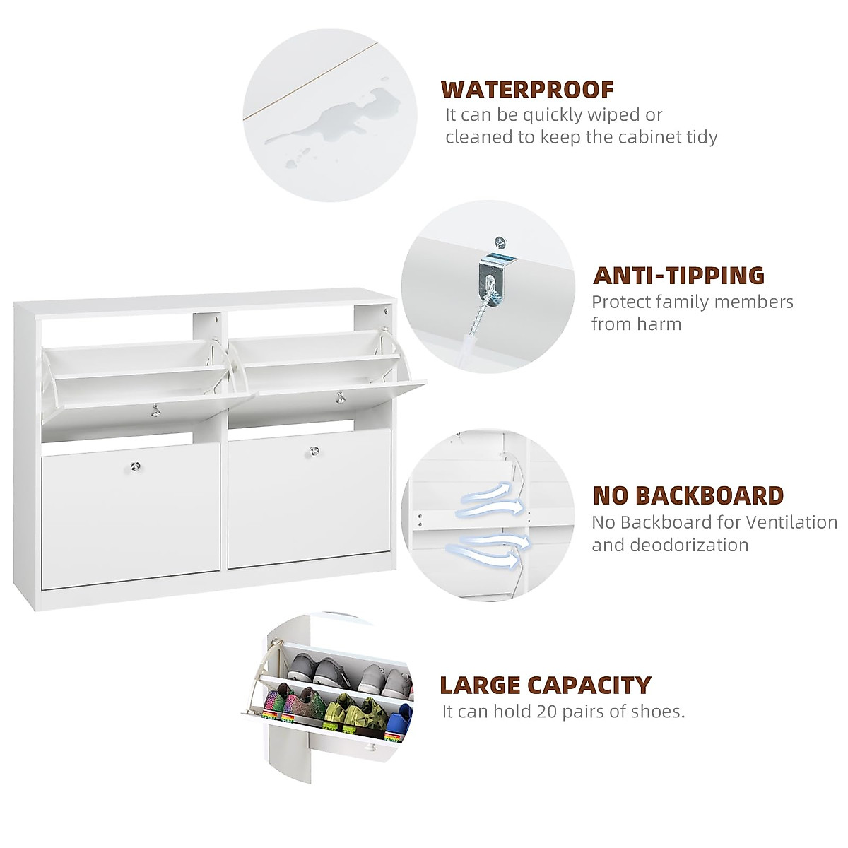 Deipto Shoe Storage Cabinet for Entryway, 3 Tier Wood Shoe Organizer Cabinet with Flip Drawers ＆ Lnduction Led Light, White Narrow Hidden Shoe Rack Cabinet for Front Door Entrance (White, 4-Drawers)