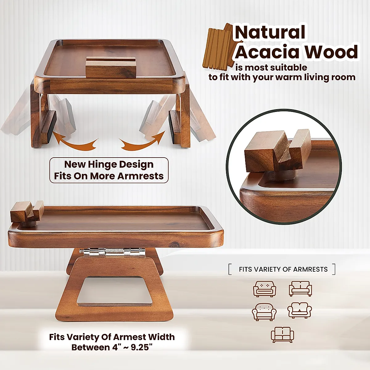 Tinamo Acacia Couch Arm Table with Phone Holder - Wooden Sofa Armrest Tray - Clip-on Tray for Wide Couch - Side Table for Eating & Drink (Acacia)