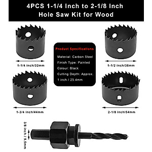 Aracombie 4PCS 1-1/4 Inch to 2-1/8 Inch Hole Saw Kit for Wood, 1.2 Inch Cutting Depth Hole Cutter Drill Bit with Mandrel, Round Hole Saw Set for Cornhole Boards Plastic Drywall Soft Metal (Black)