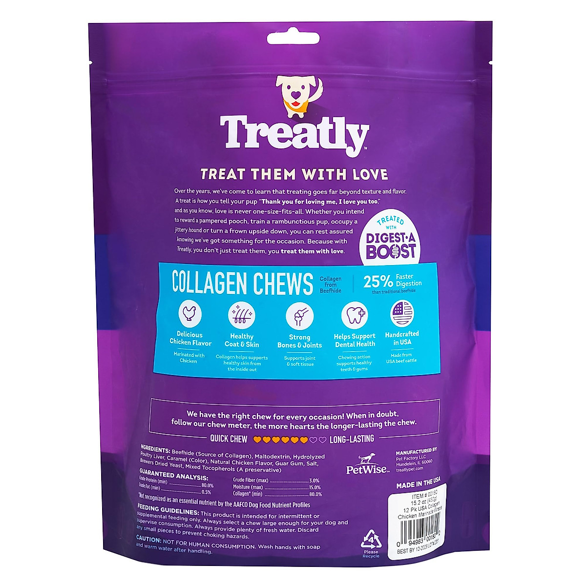 Treatly USA Collagen Wraps 6-7x1.5 Dog Chew Treats - Chicken Marinade Flavor, 12 Count/1 Pack