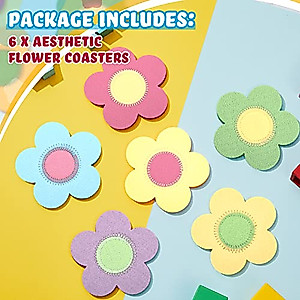 6 Pieces Danish Pastel Flower Coasters Aesthetic Cute Preppy Coasters Danish Pastel Room Decor Drinks Coffee Table Gift for Home, Green Pink Purple Orange Blue and Yellow, 3.7 Inches