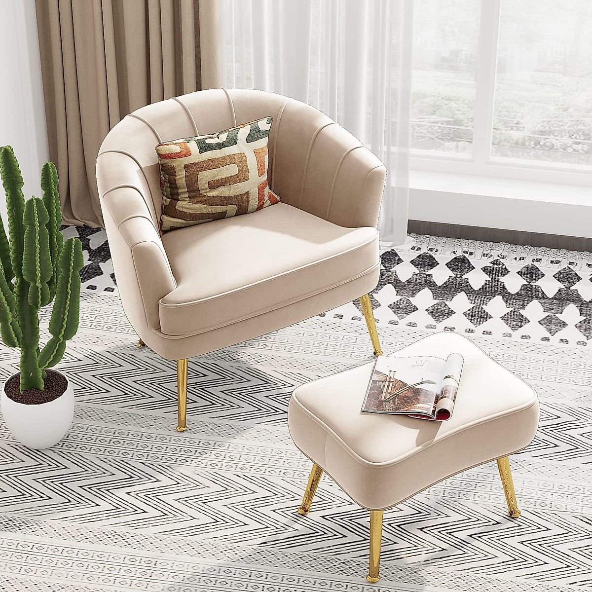 SHINEBOOM Velvet Accent Chairs with Ottoman for Living Room Bedroom Office Leisure Upholstered Single Sofa Chair Arm Chair Comfy Chair Reading Club Coffee Chair with Metal Legs, Beige