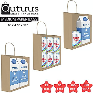 Qutuus Kraft Paper Bags with Handles Bulk 8x4.5x10 100 pcs Brown Paper Gift Bags Bulk Medium Size Kraft Bags, Brown Bags, Shopping Bags, Retail Bags, Craft Bags for Small Business