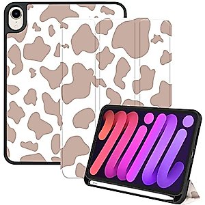 Deokke Compatible with iPad Mini 6 Case 8.3 Inch 2021,iPad Mini 6th Generation Case with Pencil Holder,Soft TPU Back Case,Auto Sleep/Wake Cover with 2nd Pencil Charging-Brown Cow Pattern Western