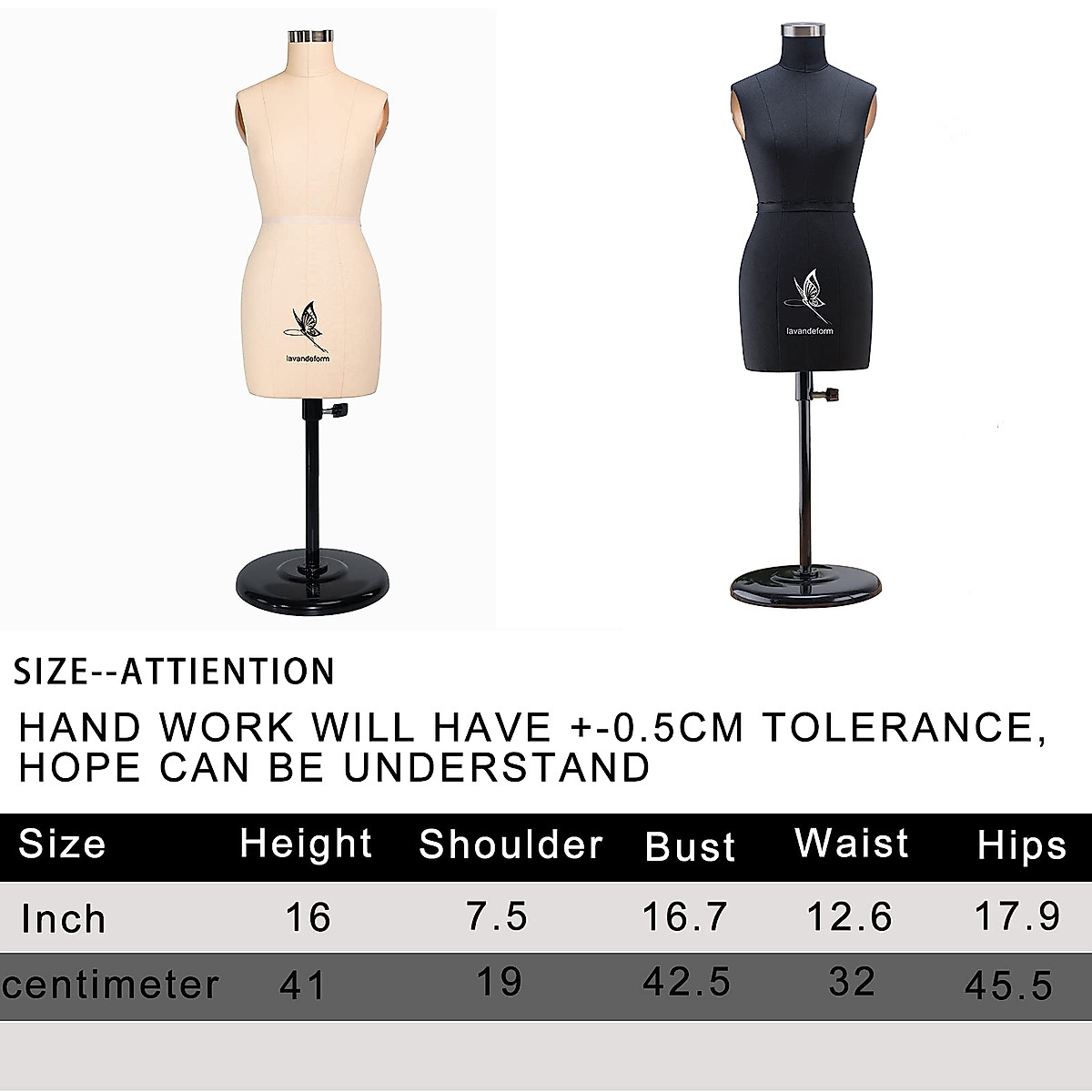 lavandeform Half Scale Dress Form（Not Adult Full Size） 1:2 Miniature Sewing Half Size Mannequin. straightly into Body Inside, Fully Pinnable Dressmaker Dummy. (Black)