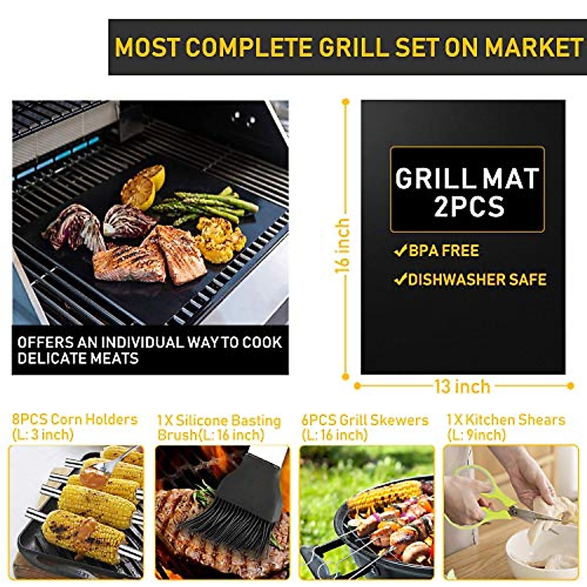 34Pcs Grill Accessories Grilling Gifts for Men, 16 Inches Heavy Duty BBQ Accessories, Stainless Steel Grill Tools with Thermometer, Grill Mats for Backyard, BBQ Gifts Set for Men Women