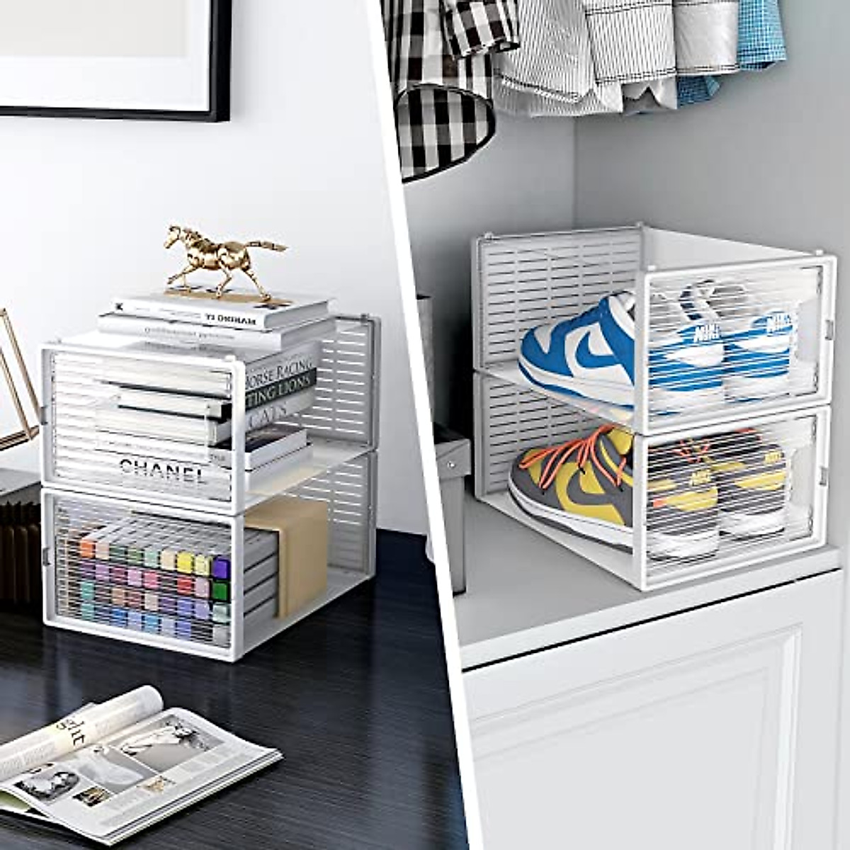 WALL QMER Clear Shoe Boxes, For AJ Shoes, 12 Pack, Stackable, Crystal Clear Shoe Storage, Easy to Assemble, Sturdy, Versatile Shoe Organizer