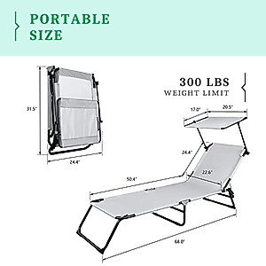 VINGLI Folding Chaise Lounge, Adjustable 4 Position Patio Chair Recliner, Sunbathing Chair for Beach Outdoor Pool Patio Deck (Grey, with Canopy)