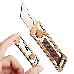 TENCHILON TK26 Mini Retractable Utility Box Cutter Keychain Knife, 1.2 inches D2 Tanto Blades, 2.6 inches Tumbled Skeletonized Brass Handles, Small Pocket EDC Cutting Tool Knives