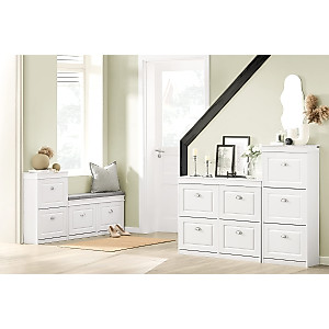 Haotian White Shoe Cabinet with 4 Flip Drawers, Large Freestanding Shoe Rack, Modern Shoe Organizer for Entryway, Hallway, Entance FSR79-W