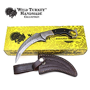 Wild Turkey Handmade Custom Damascus Fixed Blade Hunting knfie Horn Handle