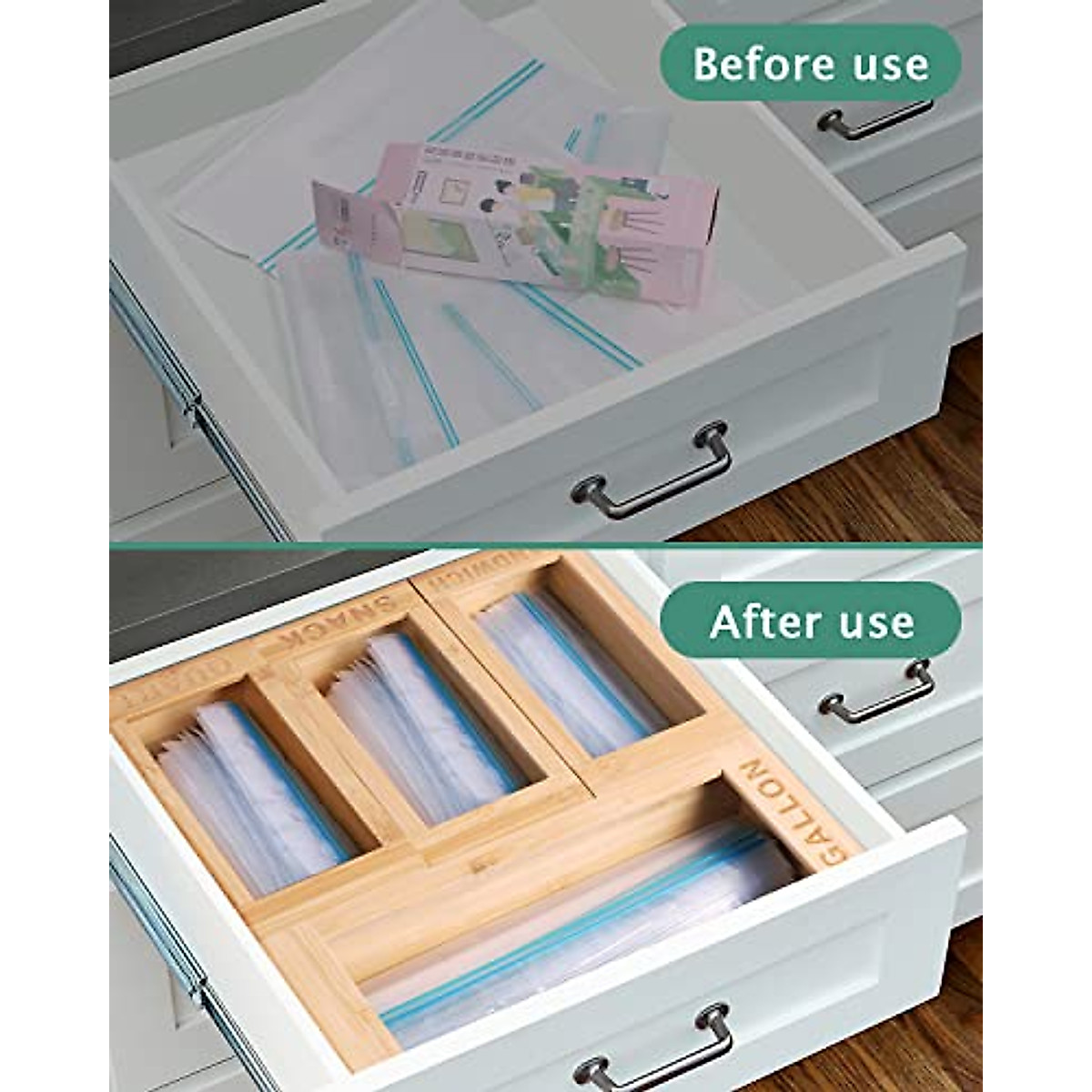 Ziplock Bag Storage Organizer for Kitchen Drawer, Premium Moso Bamboo Food Storage Bag Holders Compatible with Gallon, Quart, Sandwich and Snack Variety Size Bag, Ziploc, Solimo, Glad, Hefty (4 Piece Set) (S2)