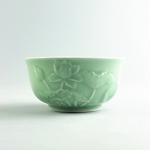 Rice Bowls 13.5Ounce Celadon Porcelain Engraved Lotus for Cereal and Soup(5 Inch)