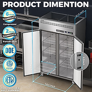 Coolski 48" W Commercial Refrigerator and Freezer Combo, 36 Cu.ft 2 Section Stainless Steel Solid Door Fan Cooling Upright Reach in Freezer for Restaurant Bar Shop Kitchen Garage School Church