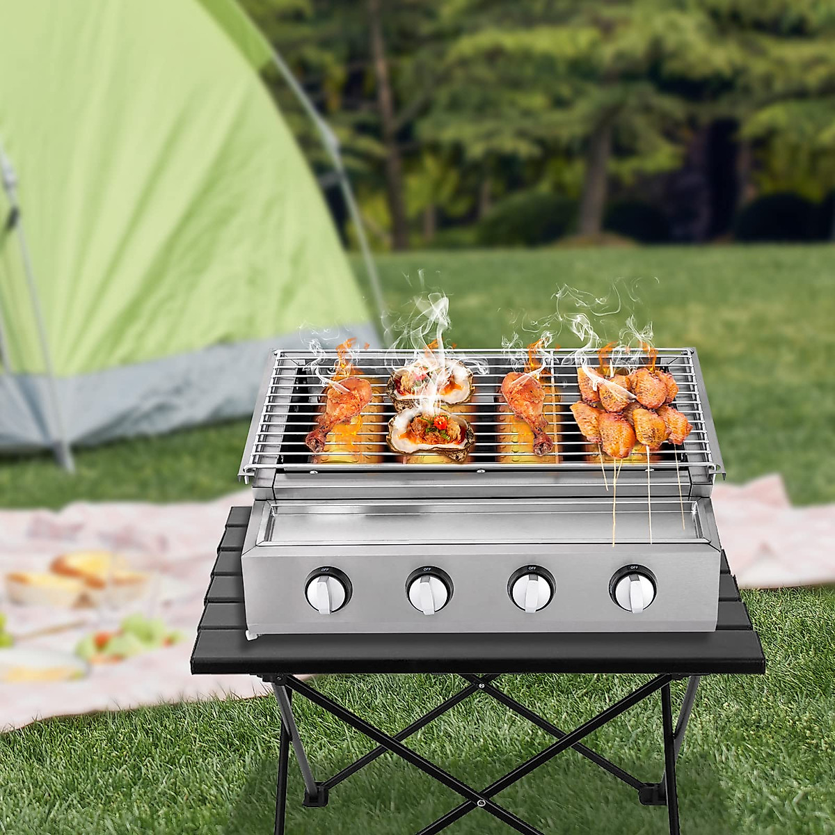 4 Burners BBQ Gas Grill, Commercial Gas Grill Griddle, Gas Indoor/Outdoor Grill BBQ Grill with Temperature Control, Flat Hotplate Smokeless Grill