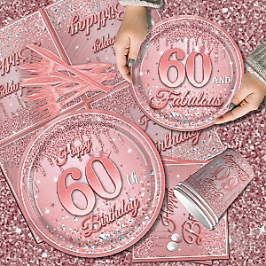 60th Birthday Rose Gold Supplies,142pcs Glitter Pink Rose Gold Tableware Include 60th Birthday Plates and Napkins Cups,Rose Gold Tablecloth Happy Birthday Banner for Women Happy 40th Birthday