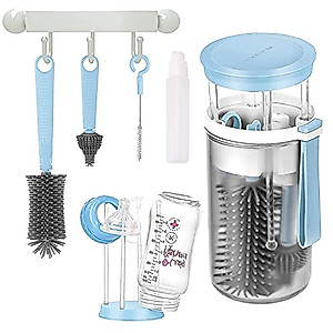 6 in 1 Baby Bottle Brush Set, Bottle Cleaner Kit with Silicone Bottle Brush, Nipple Brush, Straw Cleaning Brush, Soap Dispenser, Baby Bottle Drying Rack for Travel and Home Use (Pink)