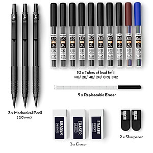 Nicpro Black Metal 2.0 Mechanical Pencil Set with Case, 3 PCS Drafting Lead Holder with 2mm Graphite Lead Refill (HB 2H 4H 2B 4B) & Colors, Sharpeners, Erasers for Artist Writing, Drawing, Sketching