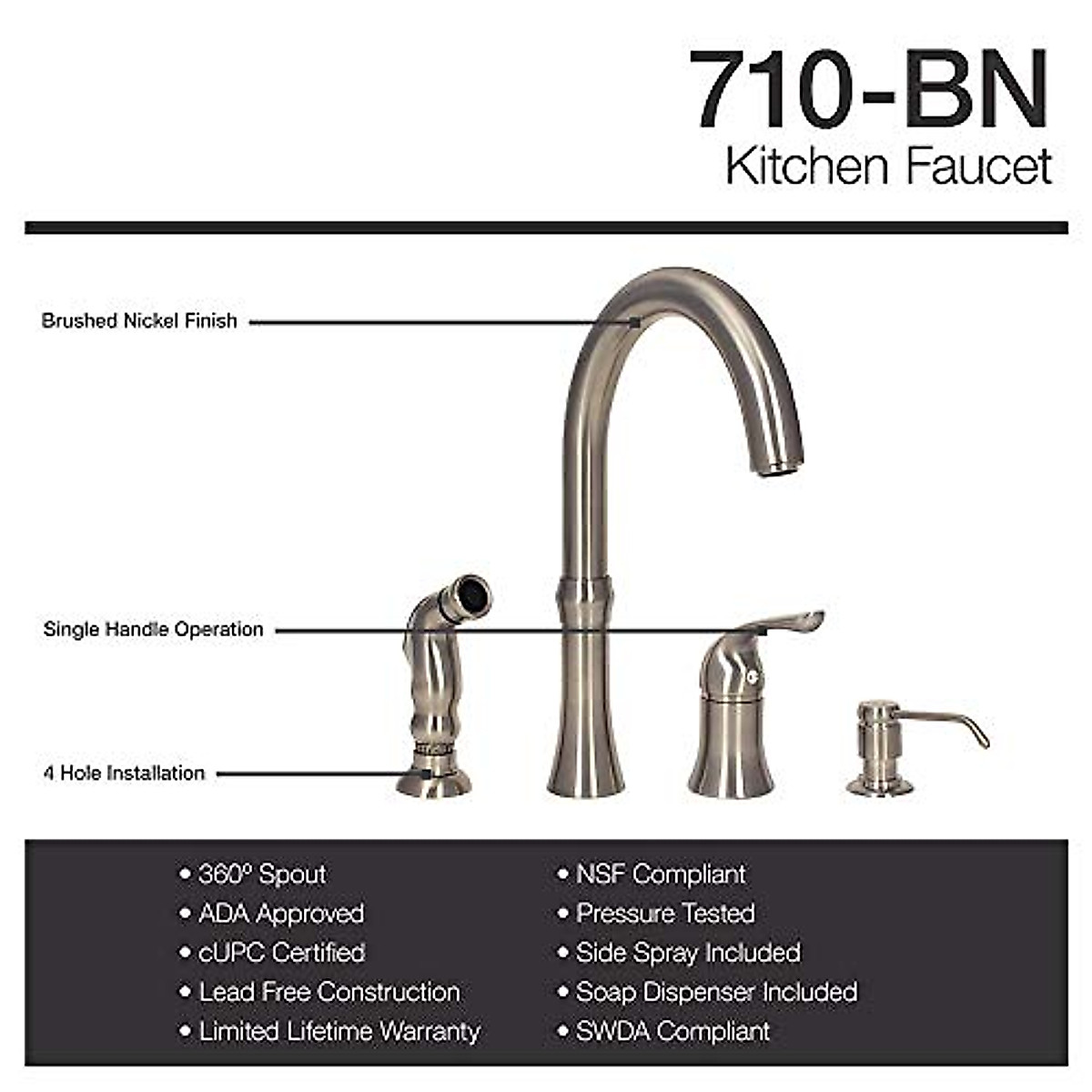 MR Direct 710-bn Brushed Nickel 4-Hole Single-Handle Standard Kitchen Faucet with Side Spray and Soap Dispenser