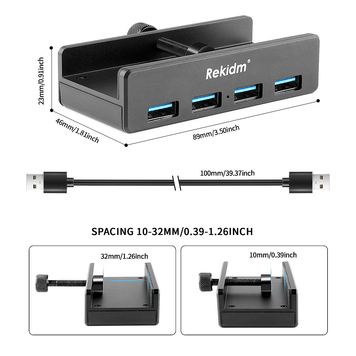 USB Hub 3.0 - Rekidm 4 Port Aluminum USB 3.0 Hub Clamp Design for Desktop, Computer, PC, Table Edge with Durable Adjustable Clip, Compact Space-Saving Mountable Desk USB Hub Fast Speed Transfer
