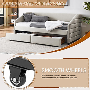 Twin Daybed with Storage Drawers, Upholstered Twin Size Daybed Frame, Modern Sofa Day Bed Frame with Curved Armrests, Linen Fabric Bedroom Furniture Bedframe, No Box Spring Needed (Twin, Beige)