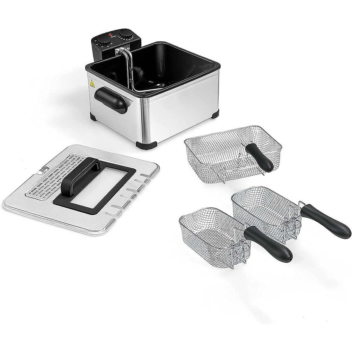 5.3QT Electric Deep Fryer with 3 Baskets, SIMOE 5L Stainless Steel Deep Fryer w/60 timer & Lid with view window, Home Countertop Oil Fryer w/Temperature Control for Kitchen, Party, French Fries