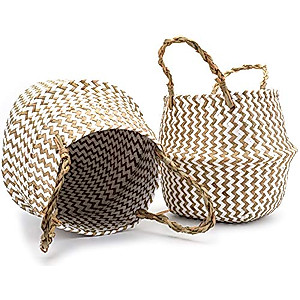 Nicunom 2 Pack Seagrass Belly Basket White Zigzag Pattern, 11 Inch Foldable Hand Woven Plant Basket with Handles, Storage Laundry, Picnic, Beach Bag, Plant Pot Cover for Home Decor
