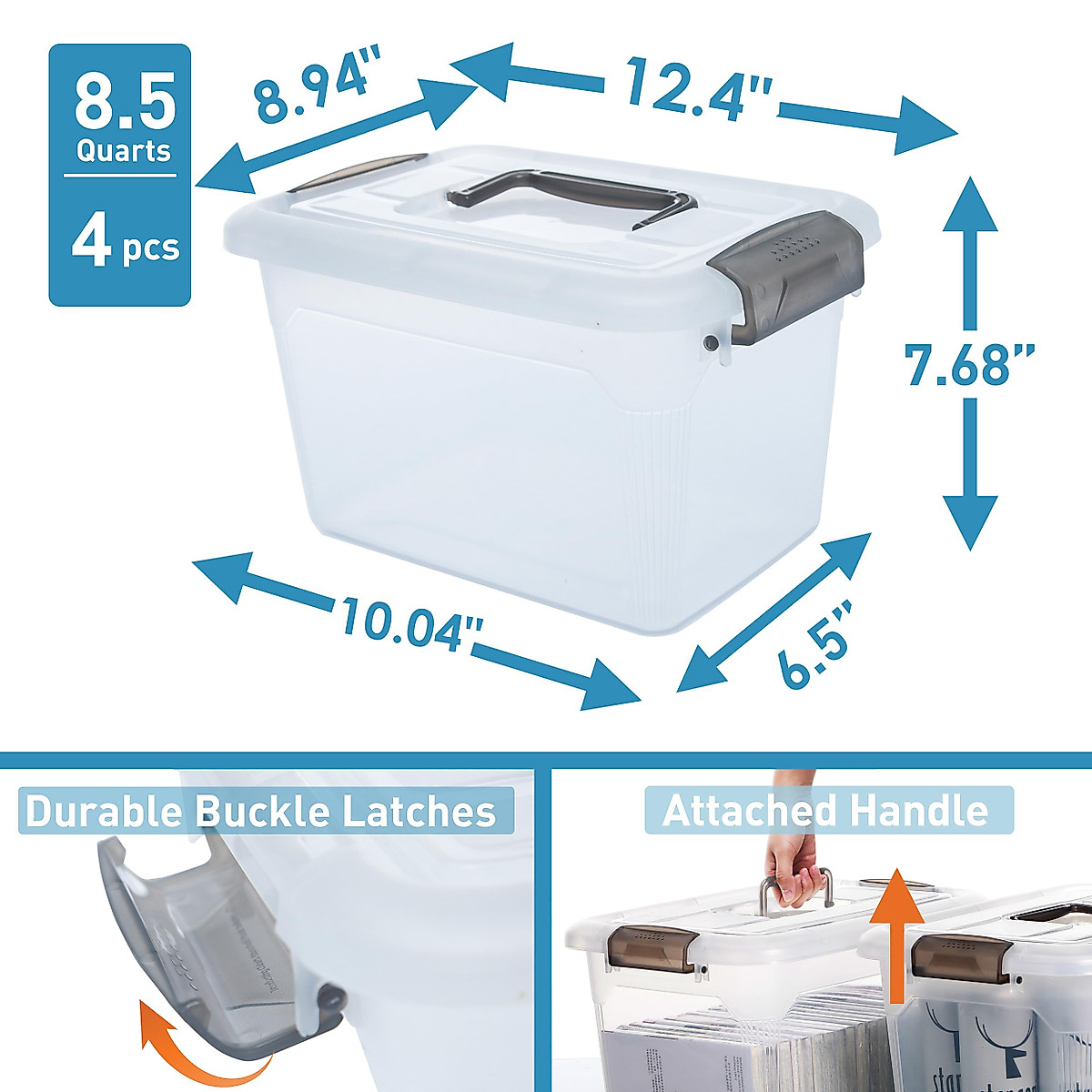 Citylife 4 Packs 8.5 QT Storage Bins with Lids Clear Plastic Bins with Grey Handle Stackable Storage Containers for Organizing