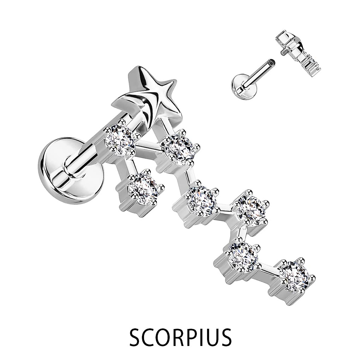 Pierced Owl 18GA 316L Stainless Steel Internally Threaded CZ Crystal Zodiac Constellation Flat Back Stud (Scorpio)