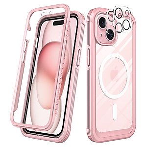 Ezanmull for iPhone 15 Case [Compatible with MagSafe] [with Built-in Touch Sensitive Anti-Scratch 9H Tempered Glass Screen Protector + Camera Lens Protector] Full-Body Magnetic Case (Clear&Pink)