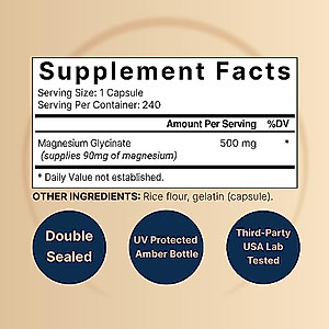 Magnesium Glycinate Capsules 500mg | 240 Count, 100% Chelated & Purified, 3rd Party Tested, Non-GMO & Gluten Free
