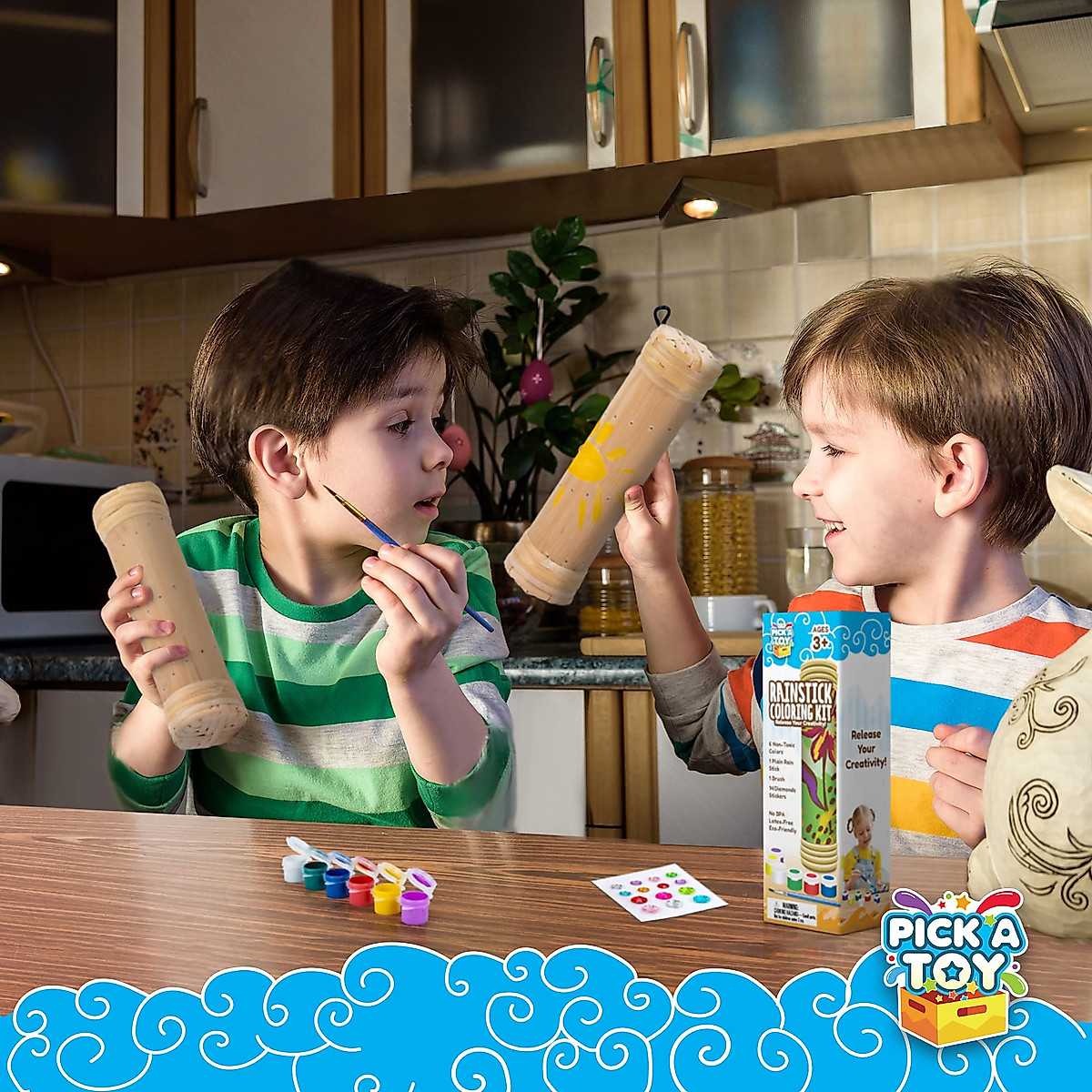 PICK A TOY DIY Rain Stick Musical Instrument with Paint, Paintbrush & Stickers, Fun Arts and Crafts Kit for Kids, Teens, and Adults, Natural Bamboo Wood, Crafting Gift Idea