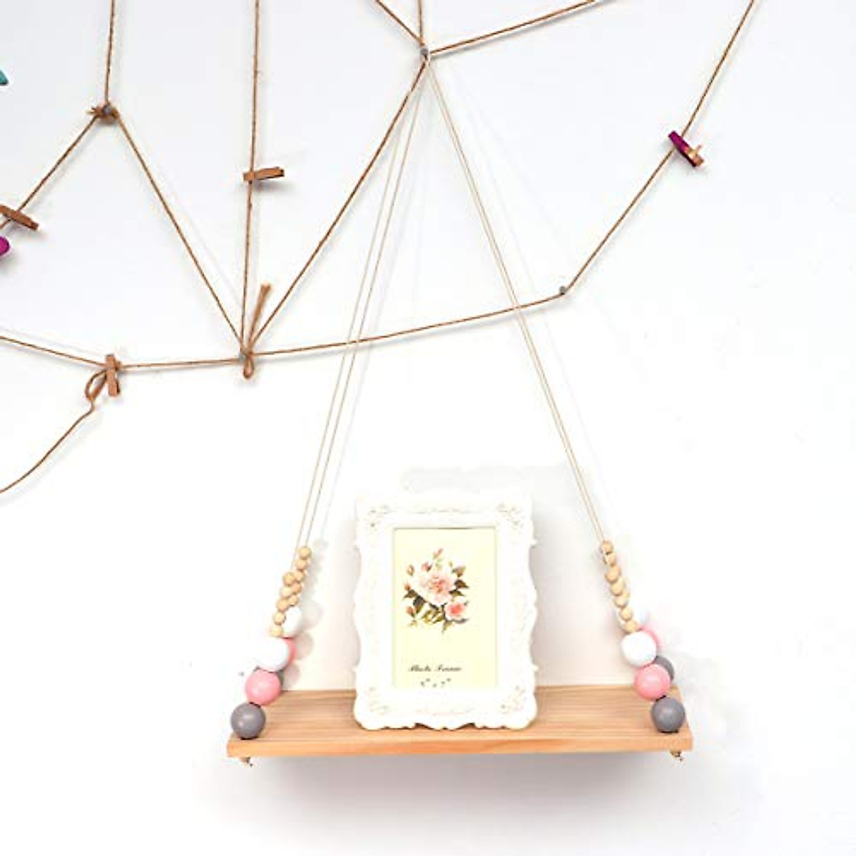 Garneck Wall Mounted Shelving Wood Hanging Shelves Swing Rope Floating Shelves Wall Shelves Storage Rack Decorative for Bedroom Living Room Kitchen Bathroom Bookcase Shelf